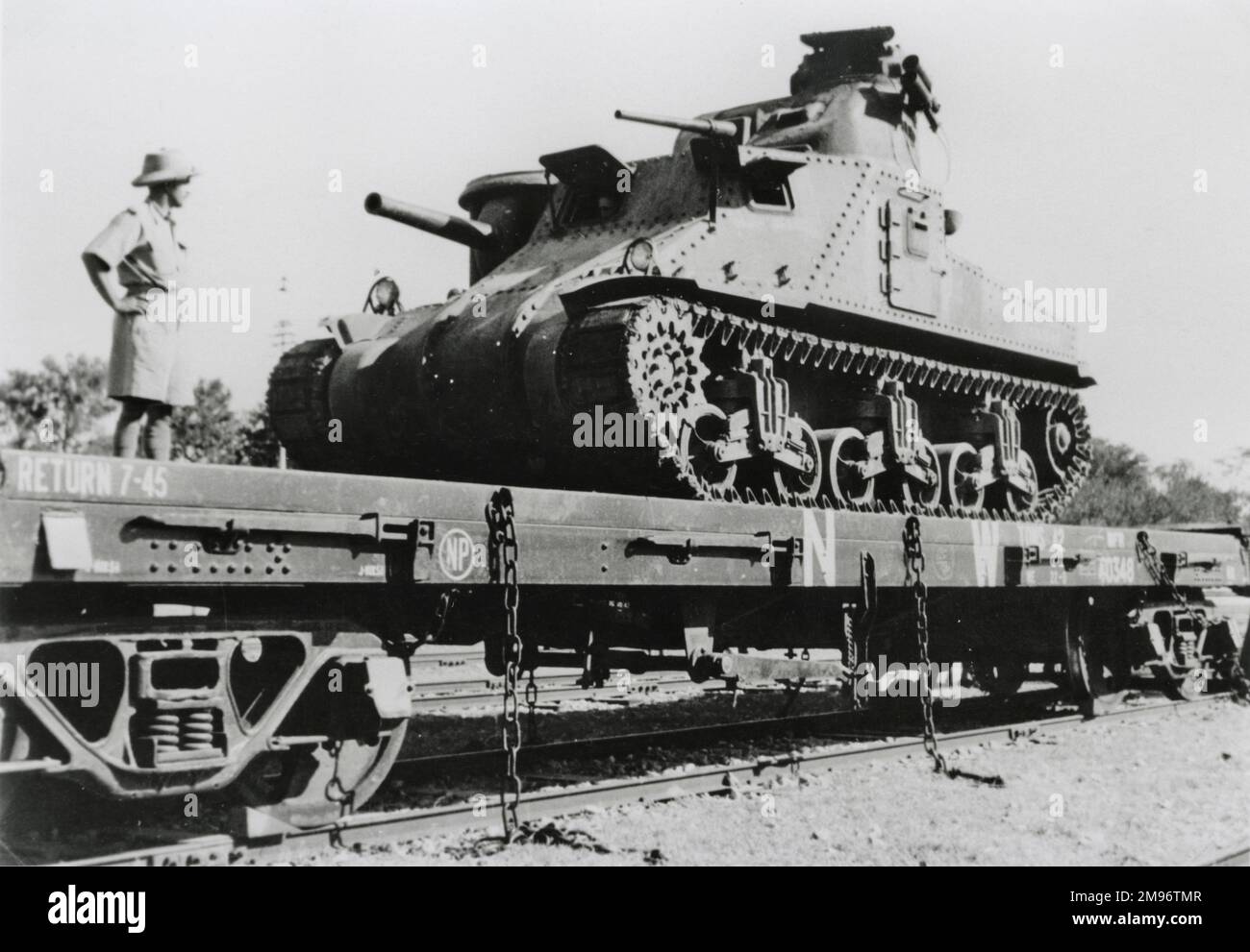 ?M4? tank loaded onto track vehicle, Bombay, India., November 1942 ...