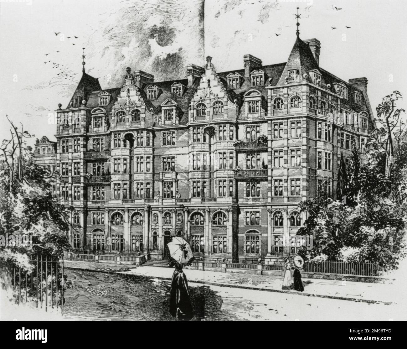 IMechE building and ladies holding parasols, photocopy of engraving ...