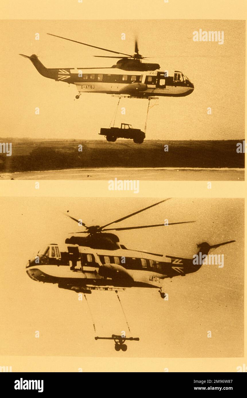 Various helicopters lifting load/jeep/bridge, c.1960s/1970s Stock Photo ...