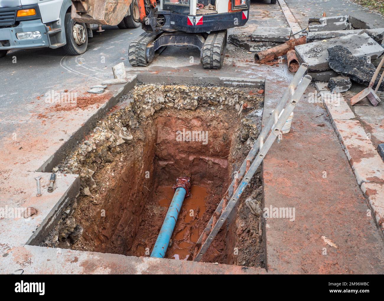 New construction of a water pipe in a street construction site Stock ...