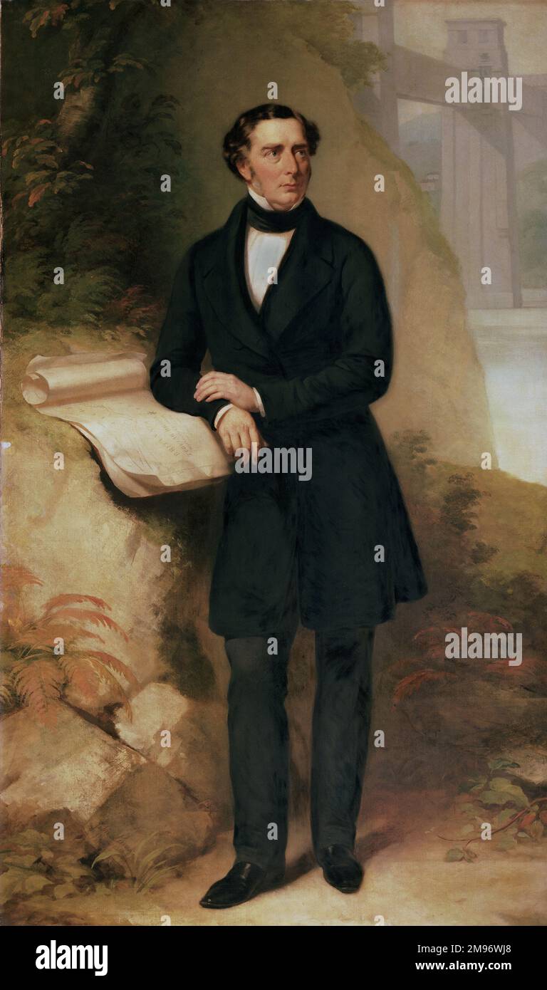 Robert Stephenson, engineer and designer of the Menai Bridge. Depicted ...