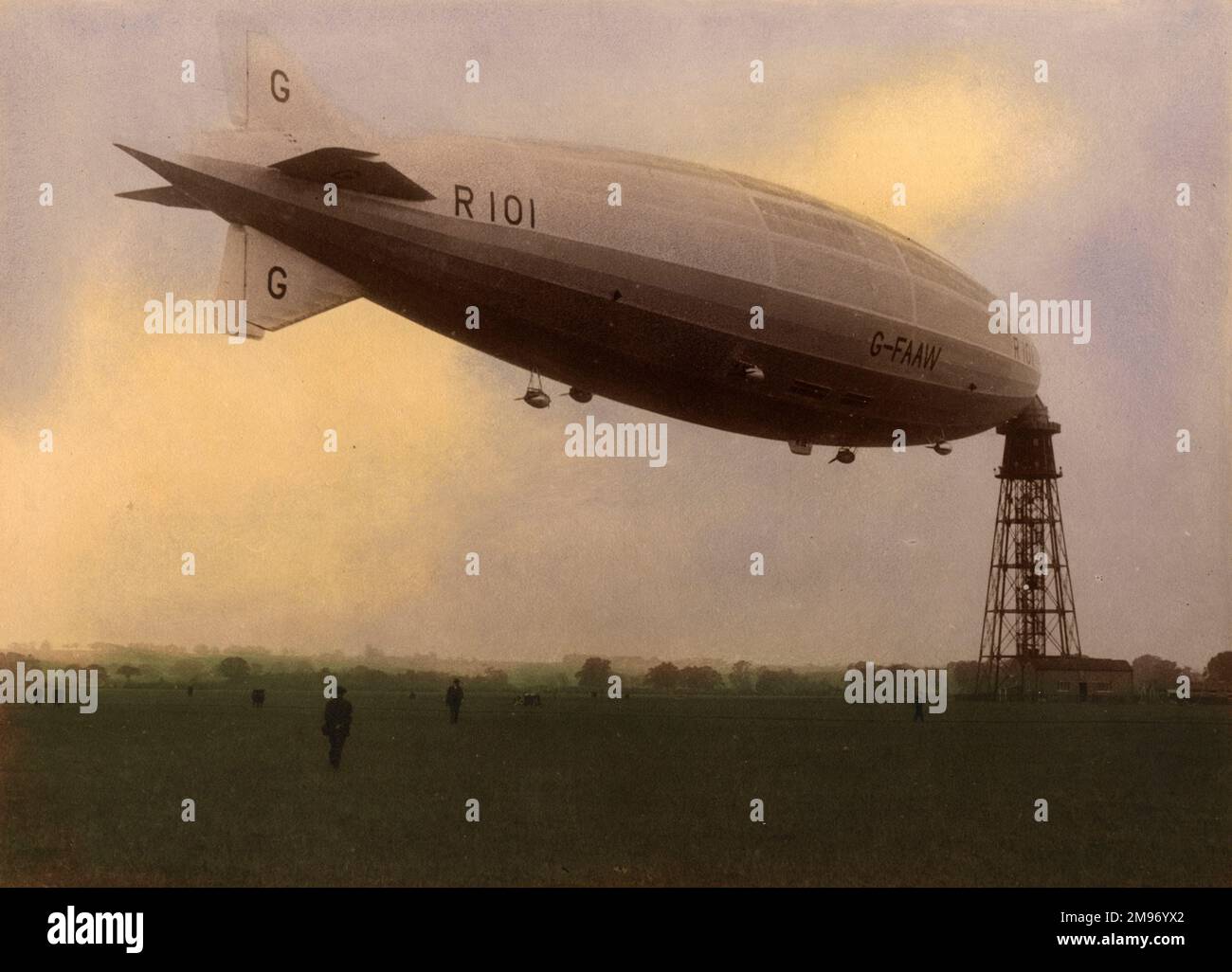 Airship R101 at its mooring mast. Colour tinted photo Stock Photo - Alamy