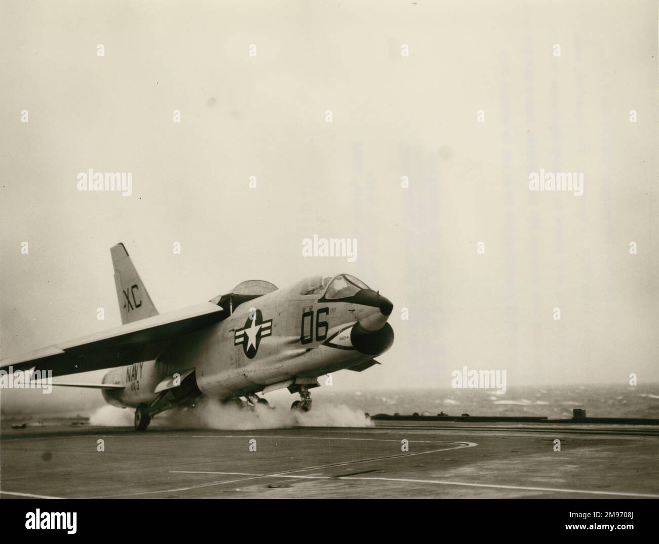 A Vought F8U-1 Crusader is catapulted off the USS Franklin D. Roosevelt ...