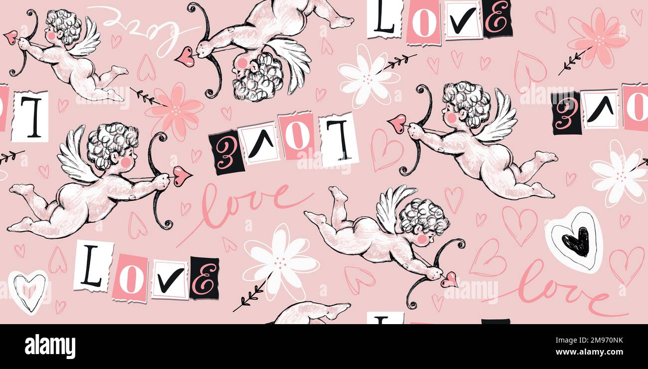Seamless love Pattern, cupid shooting arrows with heart, flowers, word ...