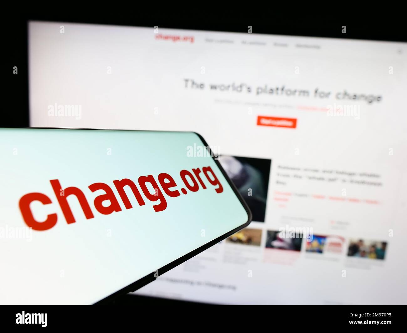 Mobile phone with logo of American petition platform Change.org PBC on ...