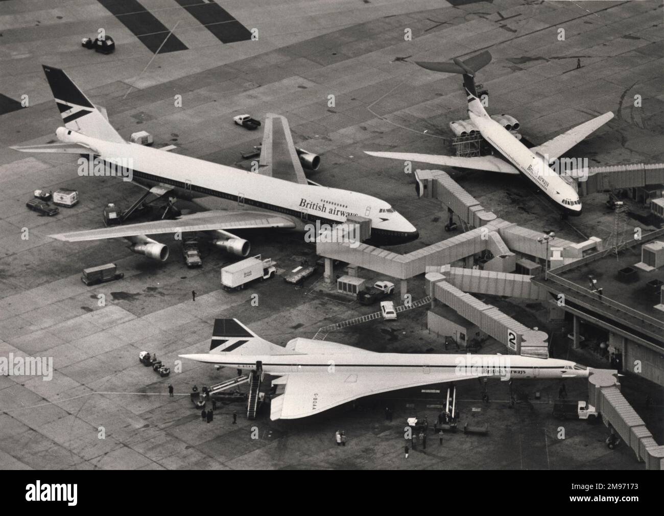 Concorde, G-BOAA, a Boeing 747 and a VC10 at the British Airways stand ...