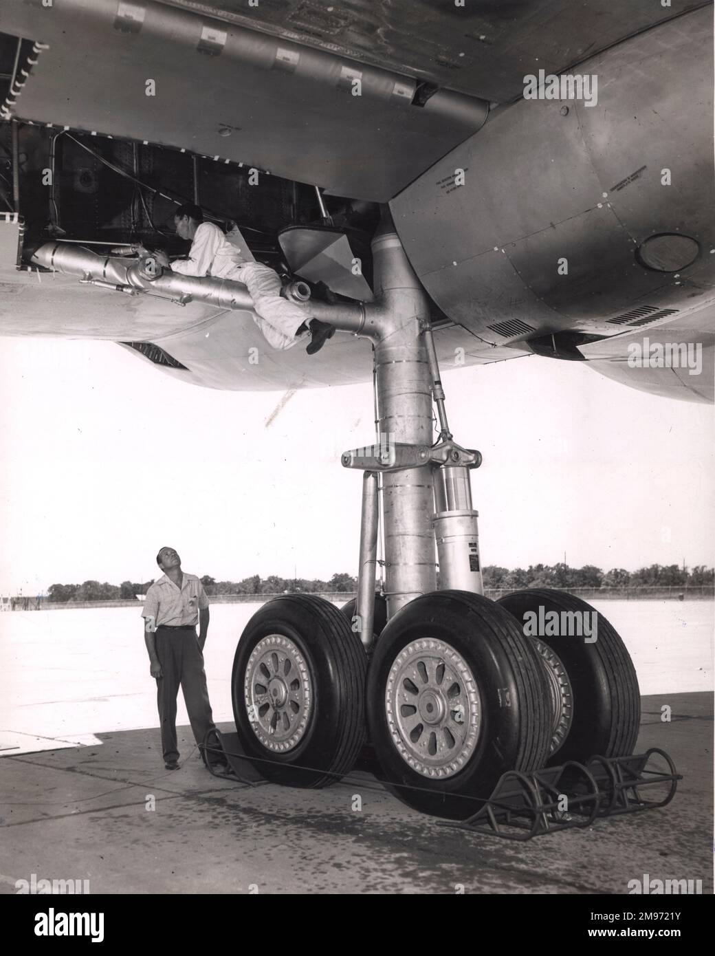The four-wheel main landing gear of a Convair B-36. Each main wheel has ...