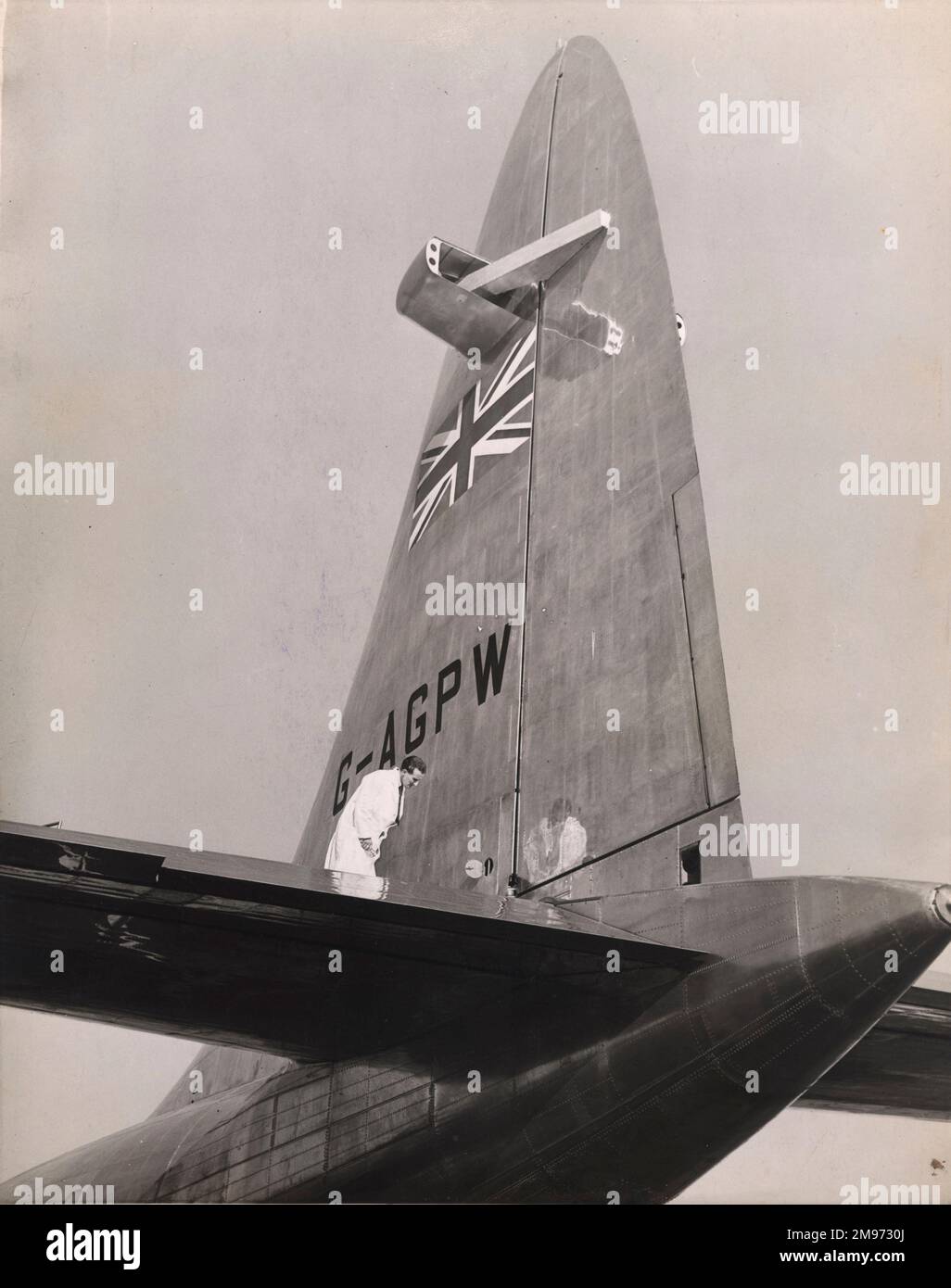 The fin of the sole Bristol Brabazon, G-AGPW, immediately prior to taxy ...