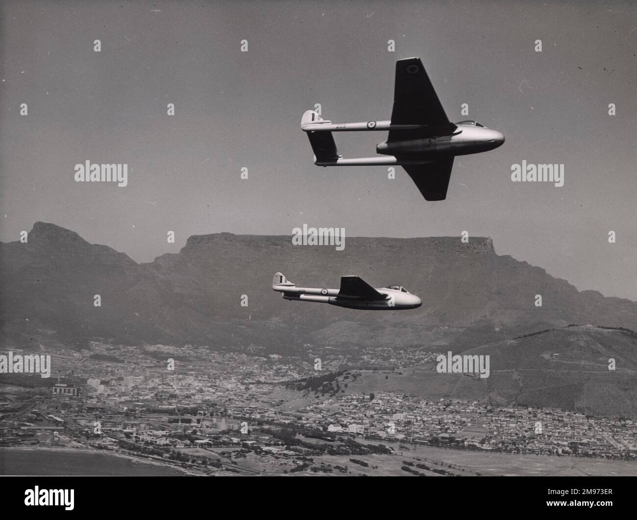 Two South African Air Force de Havilland Vampire FB5s, 203 and 205, fly ...