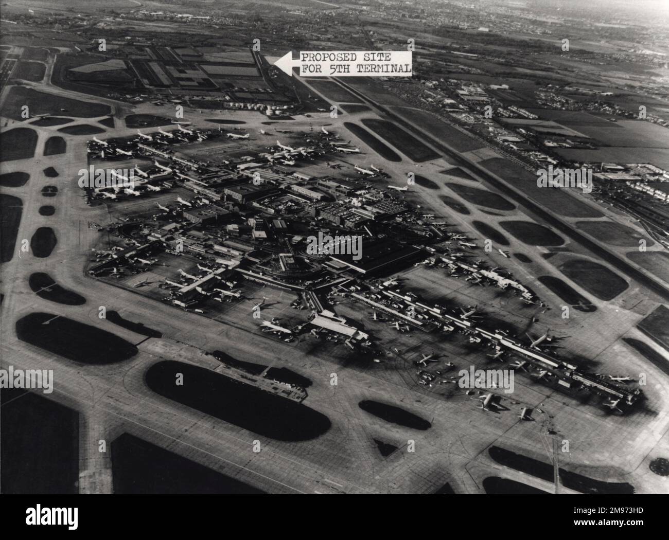 Aerial view of Heathrow Airport circa 1982, showing the then proposed ...