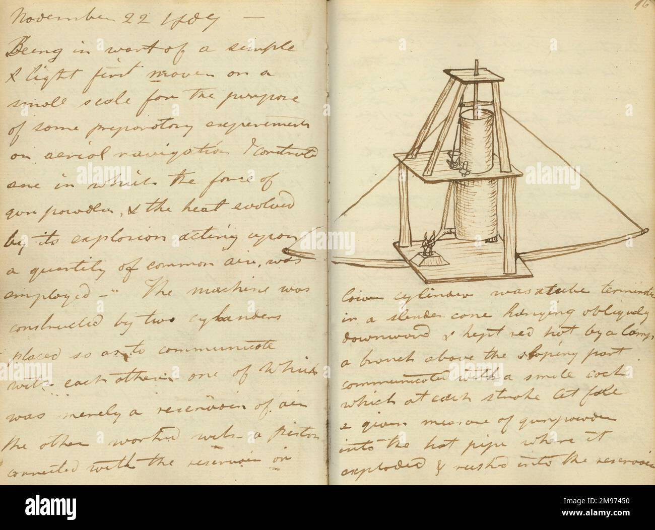 Small experimental gunpowder engine, showing the bow string mechanism ...