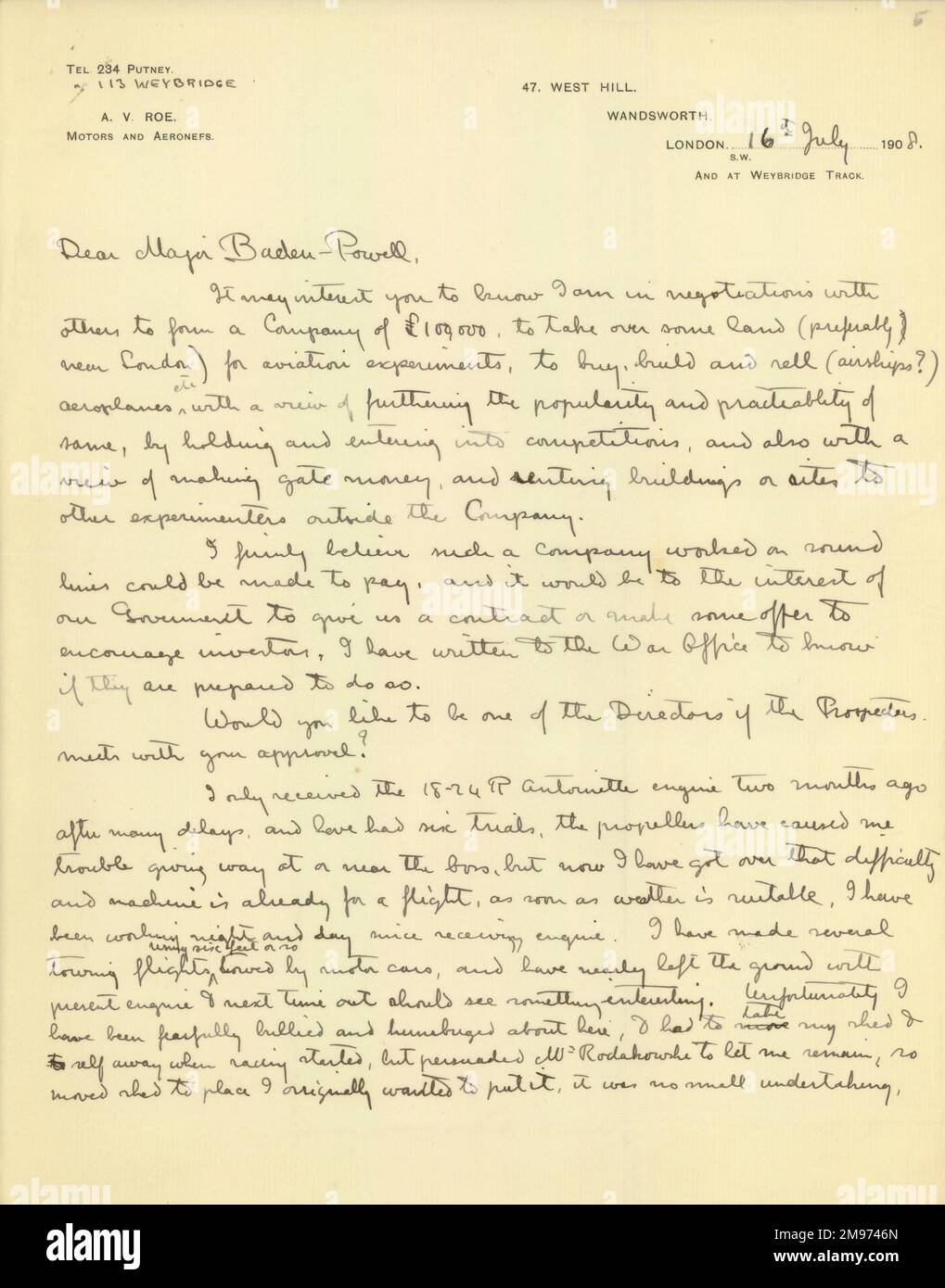 Page one of a letter from A.V. Roe to Major Baden-Powell dated 16 July ...