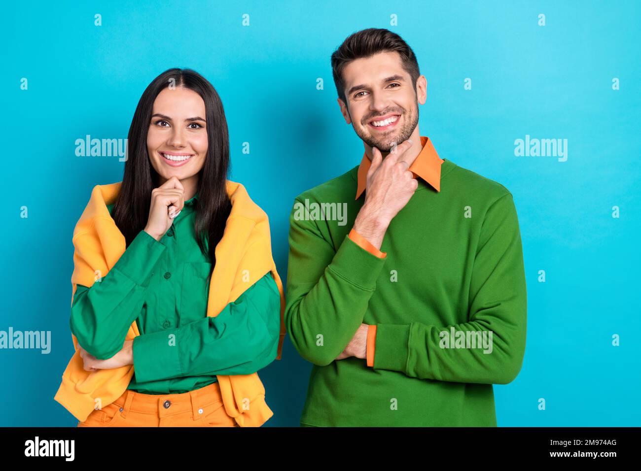 Photo of minded intelligent smart people wife husband hand chin wear ...