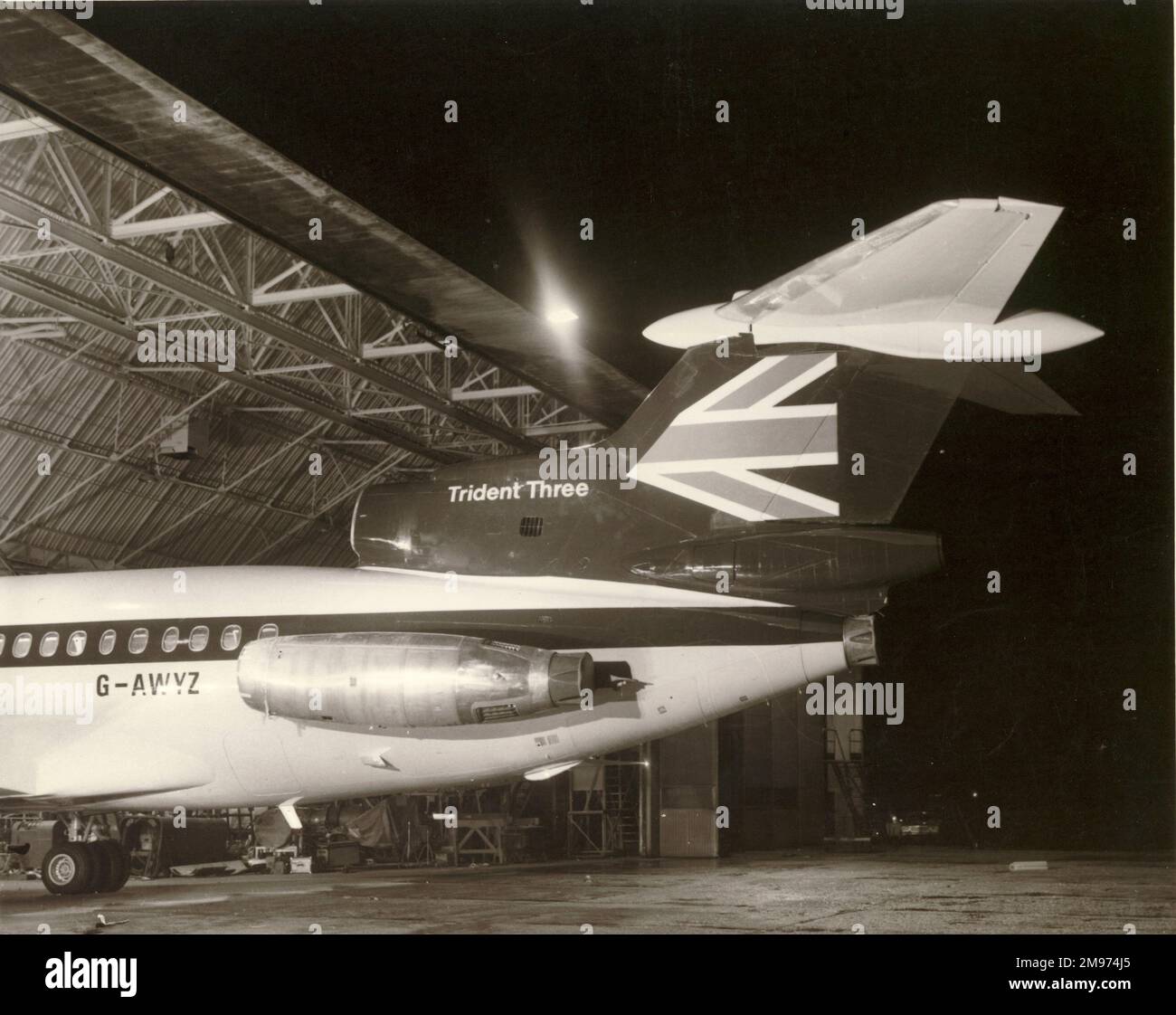 Hawker Siddeley HS121 Trident 3B, G-AWYZ, in BEA markings, being rolled ...