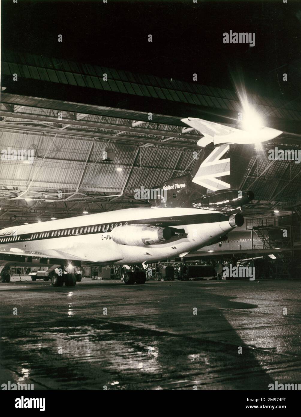 Hawker Siddeley HS121 Trident 3B, G-AWYZ, in BEA markings, being rolled ...