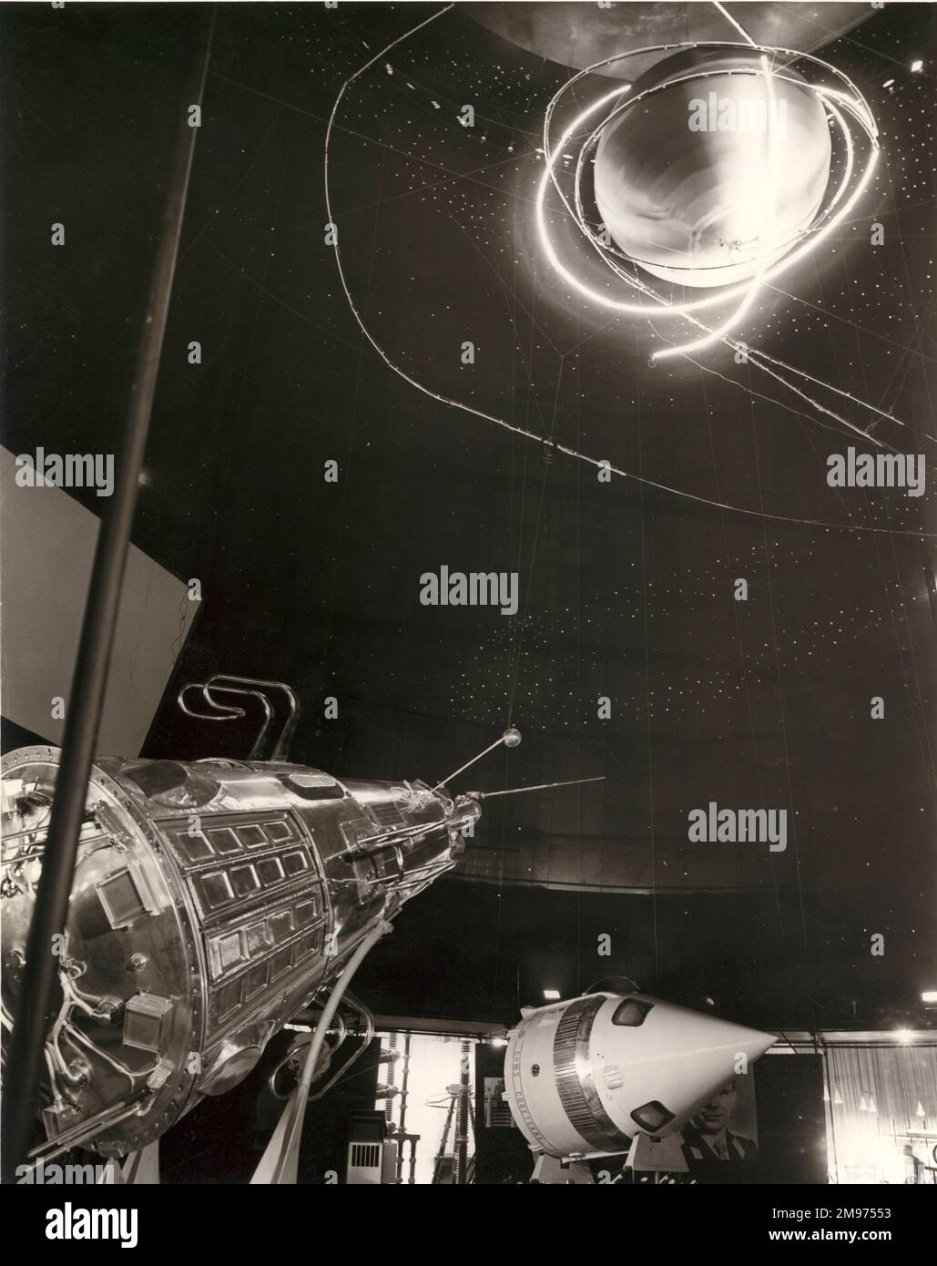 A model of Sputnik III (foreground) and the final stage of the rocket ...