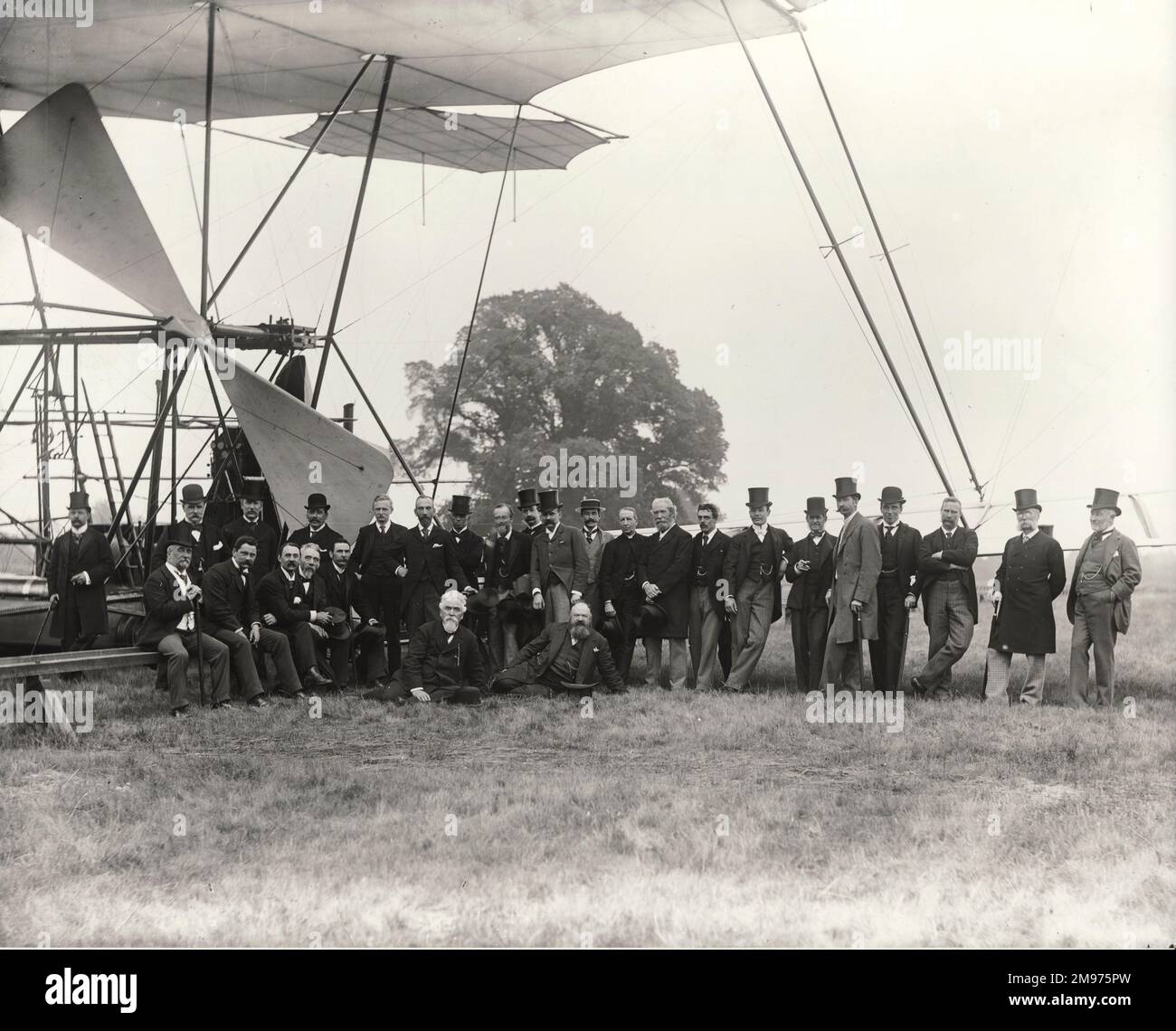 Sir Hiram Maxim and his first aeroplane with members of the ...