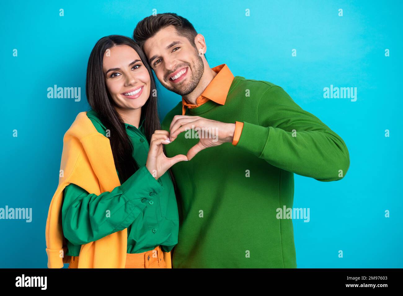Photo of guy lady married spouses showing heart sign enjoy date ...