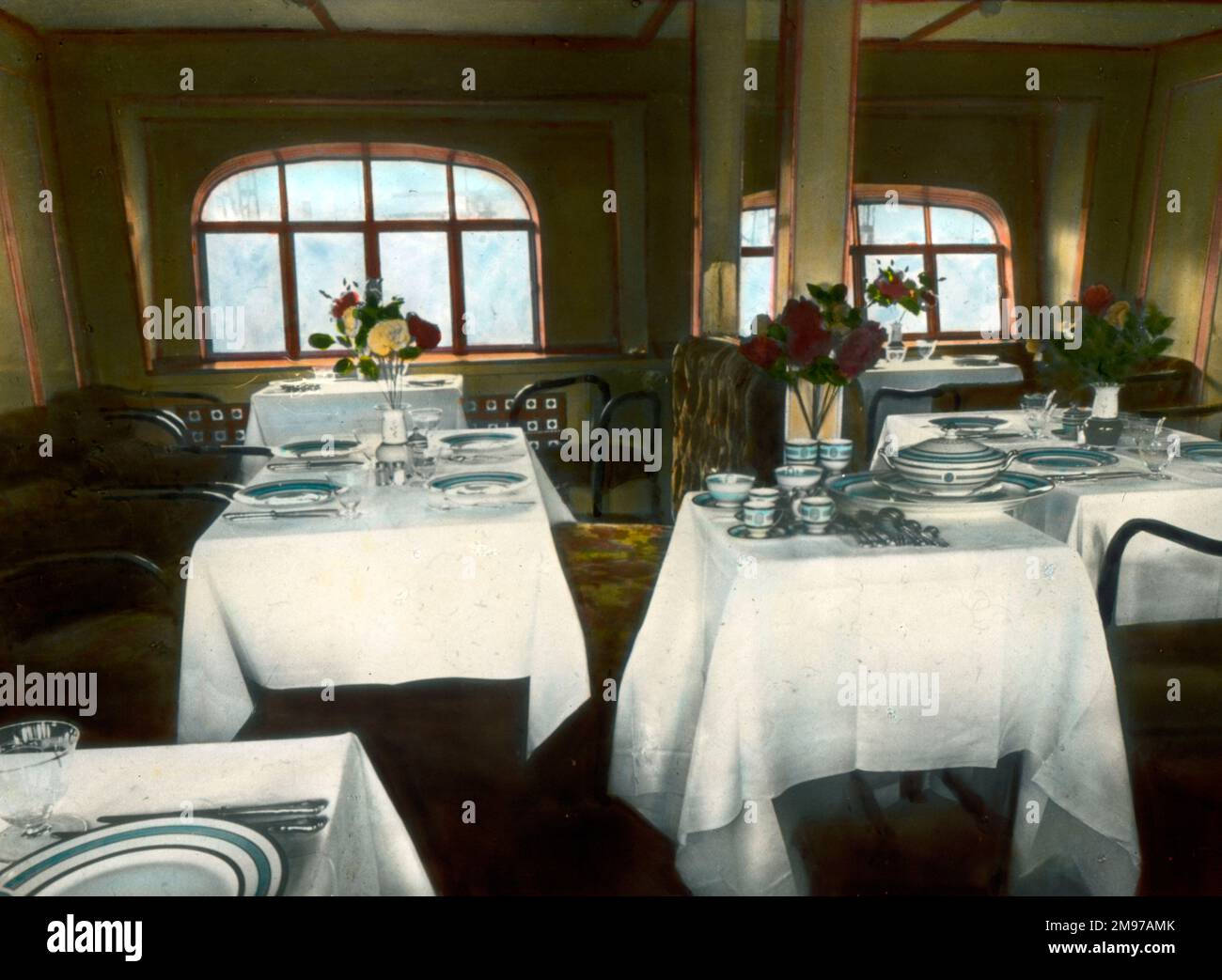 Dining room aboard the Graf Zeppelin, LZ 127, colour tinted Stock Photo ...
