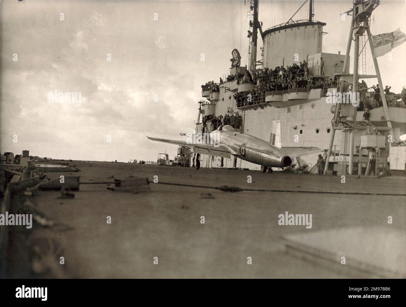 The first naval Supermarine Attacker, TS413, during trials aboard HMS ...