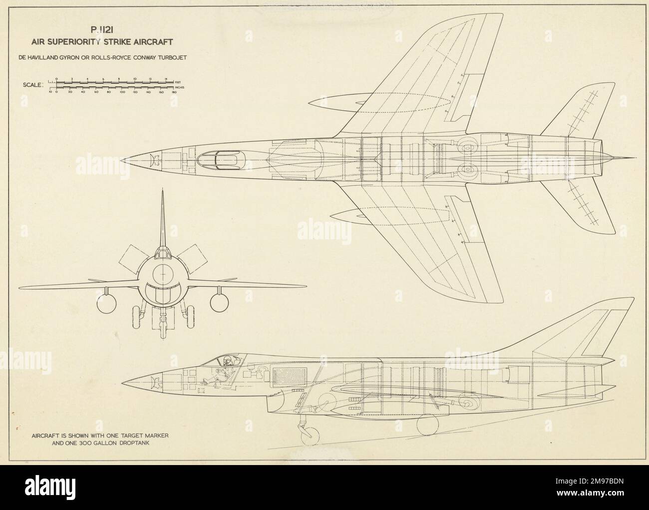 A three-view drawing of the Hawker P1121 Stock Photo - Alamy