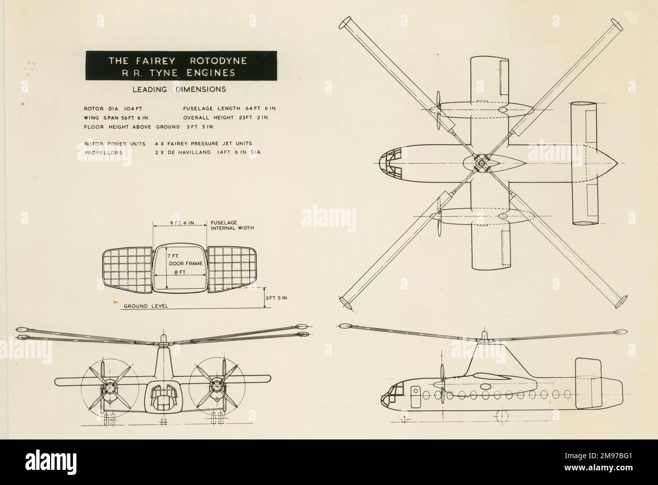 Three-view drawing of a Fairey Rotodyne powered by two Rolls-Royce Tyne ...