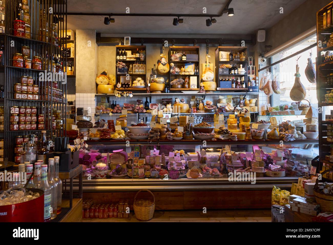 Italian Delicatessen interior with meats and cheeses, Syracuse, Sicily ...