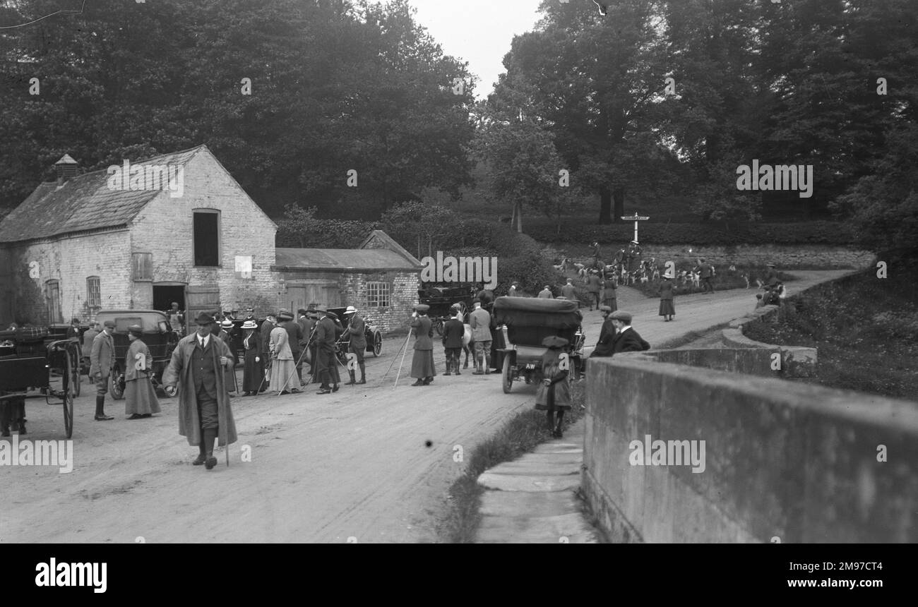 Otter hunt - The Meet, Overton Bridge 1907 showing a large group of ...