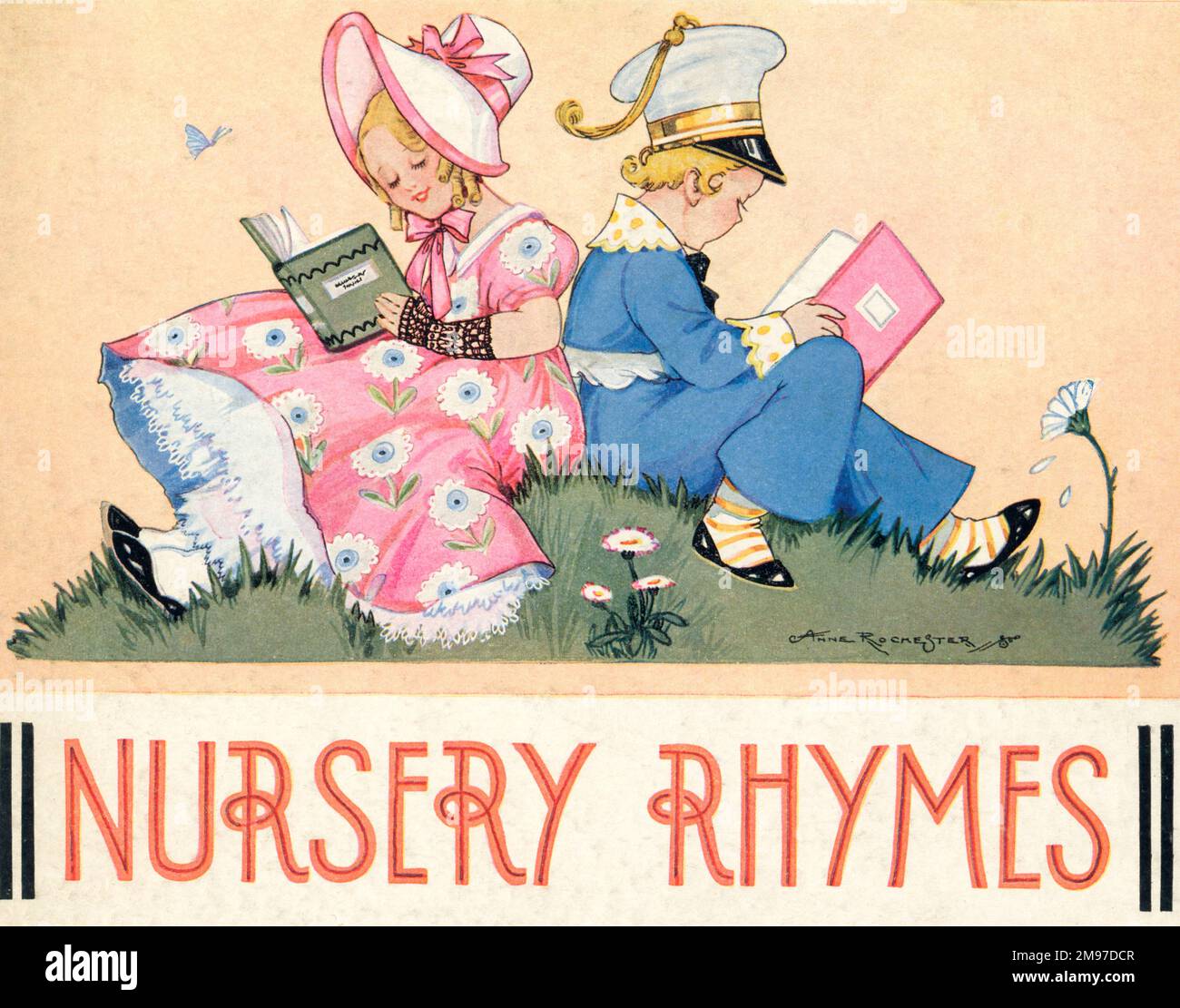Two children reading books, on the cover of ‘Nursery Rhymes’ Stock ...