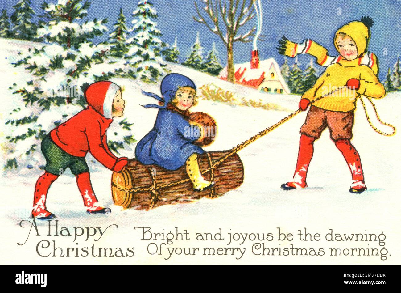 Wintry scene depicting a little girl being pulled through the snow on a ...