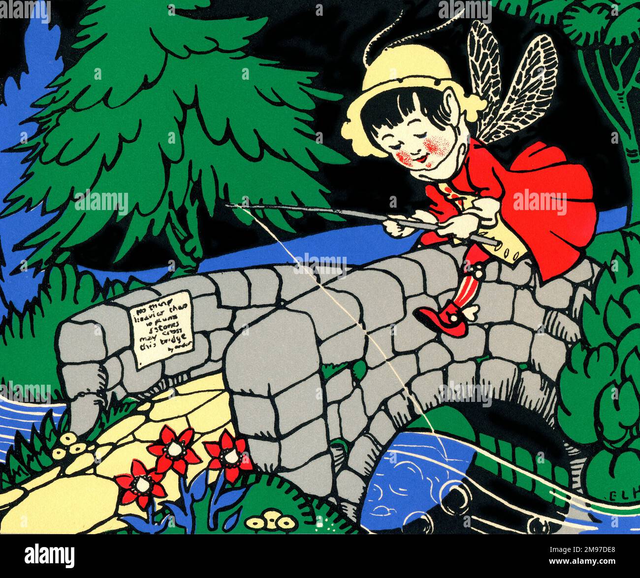 A pixie sits on a bridge, fishing in the river below Stock Photo - Alamy