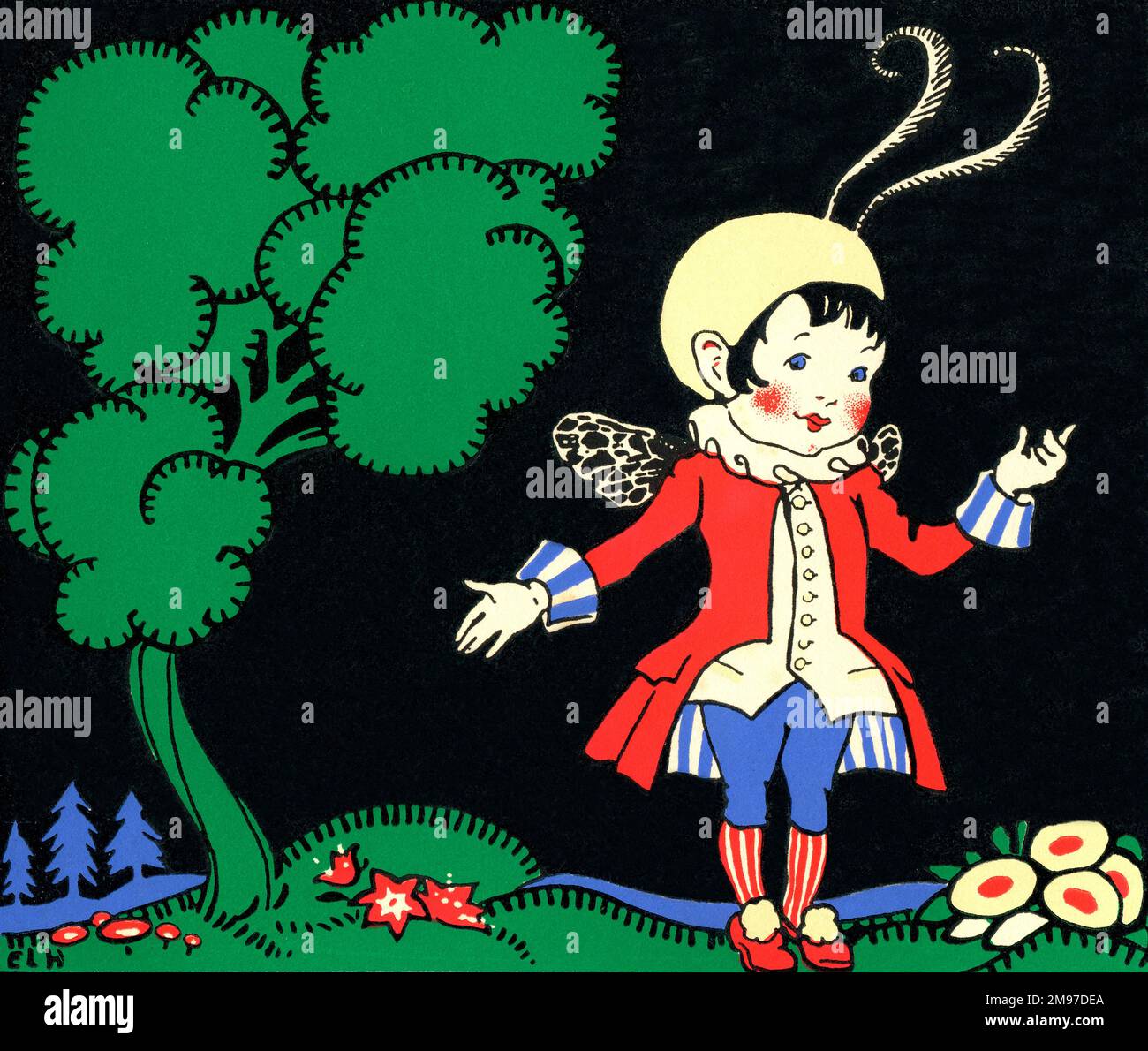 A very well-dressed pixie, in red jacket with blue and white striped ...