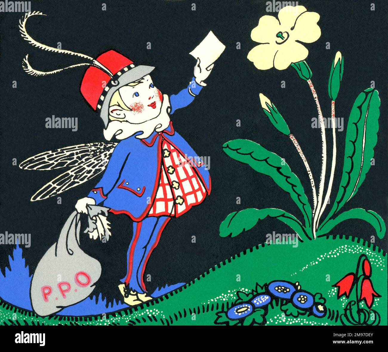 A pixie postman carrying a big sack of mail, delivers a letter to a ...