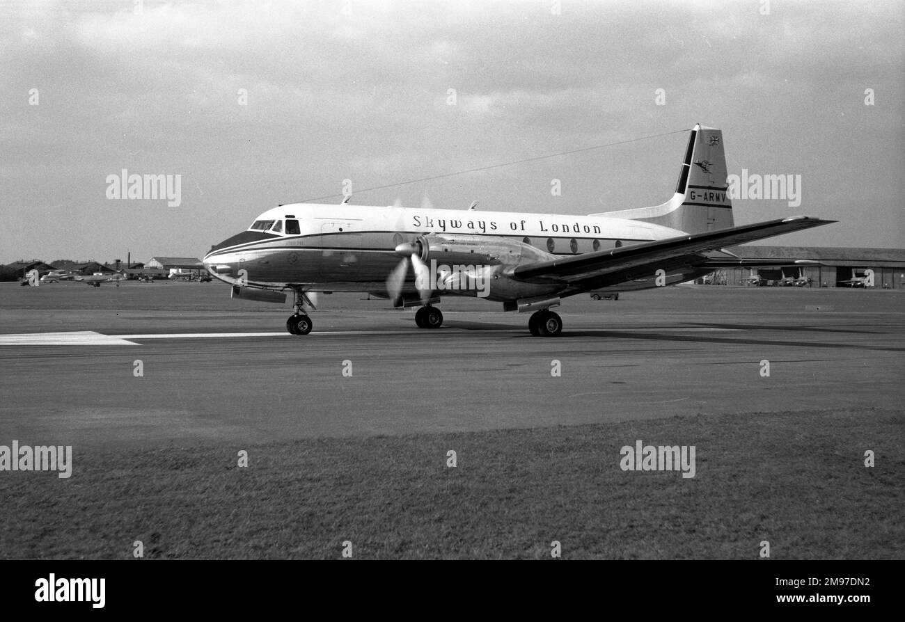 Avro 748 G-ARMV of Skyways of London taxying at Farnborough Air Show in ...