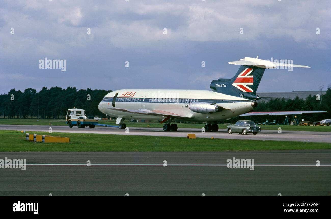 De Havilland Trident 2 G-AVFB of BEA being towed from the runway to its ...