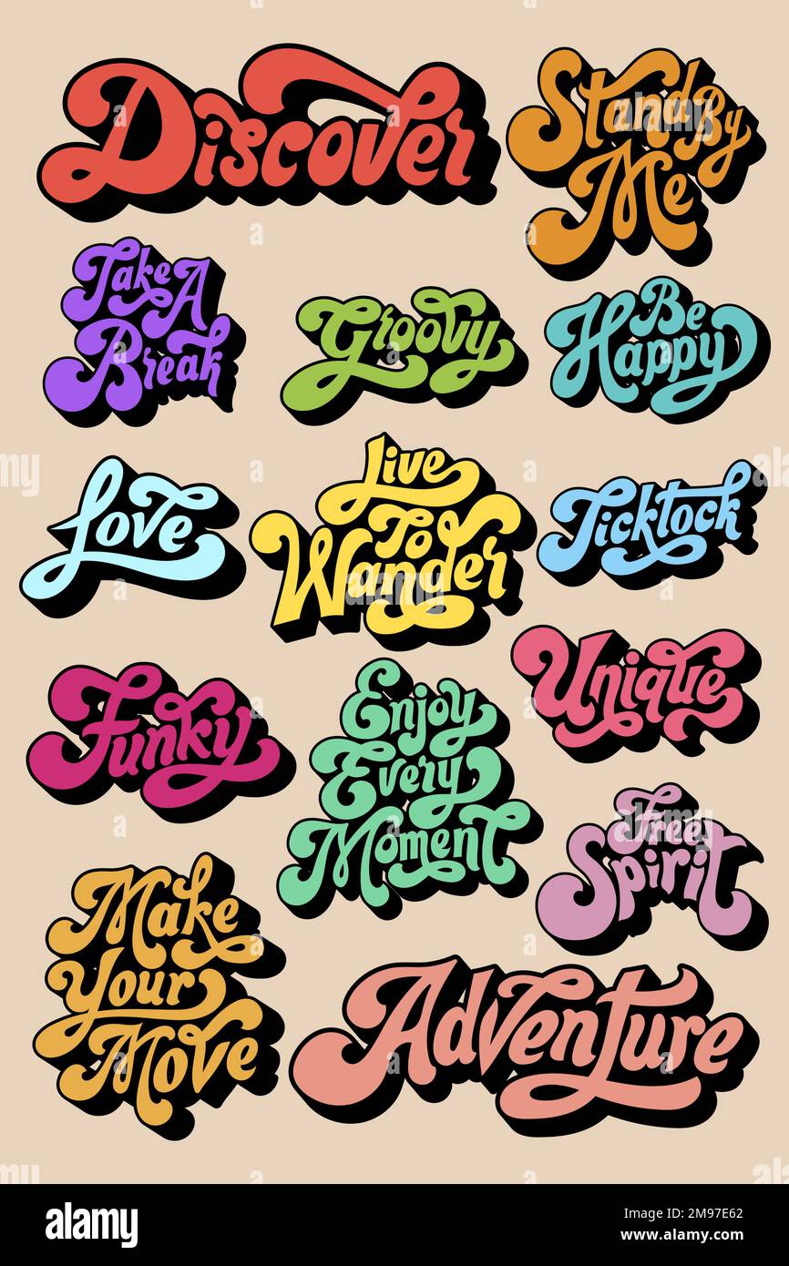 Colorful funky stylized script font sticker set on a beige background ...