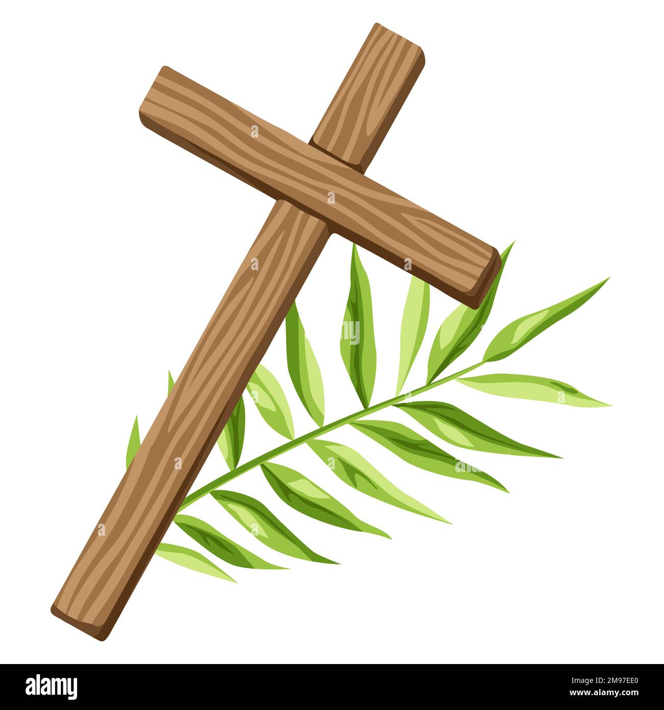 Christian illustration of wooden cross and palm branch. Happy Easter ...