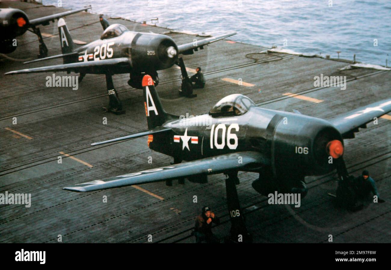 Grumman F8F-1 Bearcat trio (forward view) ready to launch from USS ...