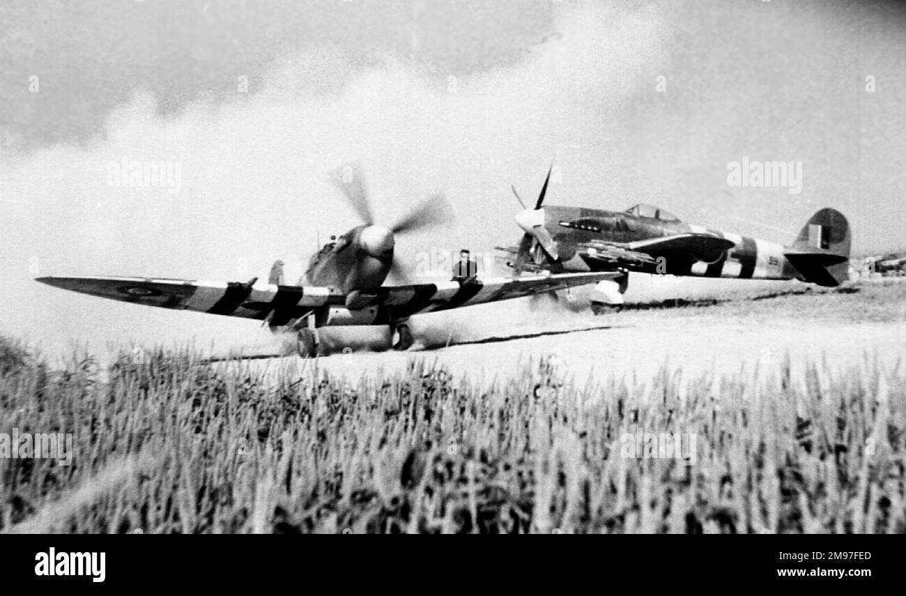 Hawker Typhoon Ib with Spitfire IXb passing in Normandy Stock Photo - Alamy