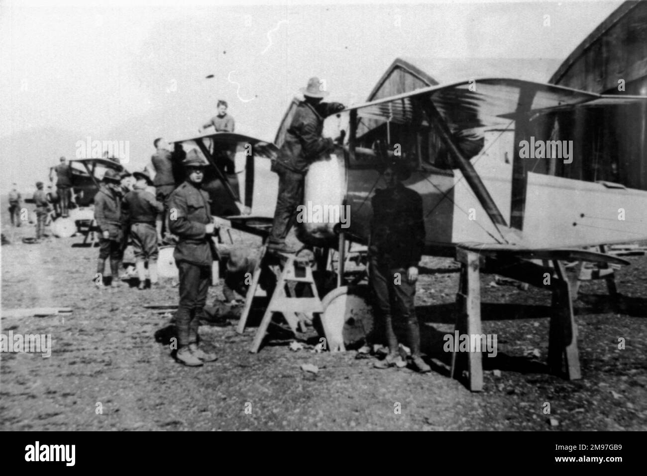 Nieuport 17s being reassembled by US Army Signal Corps mechanics at Issoudun, France, in May ...
