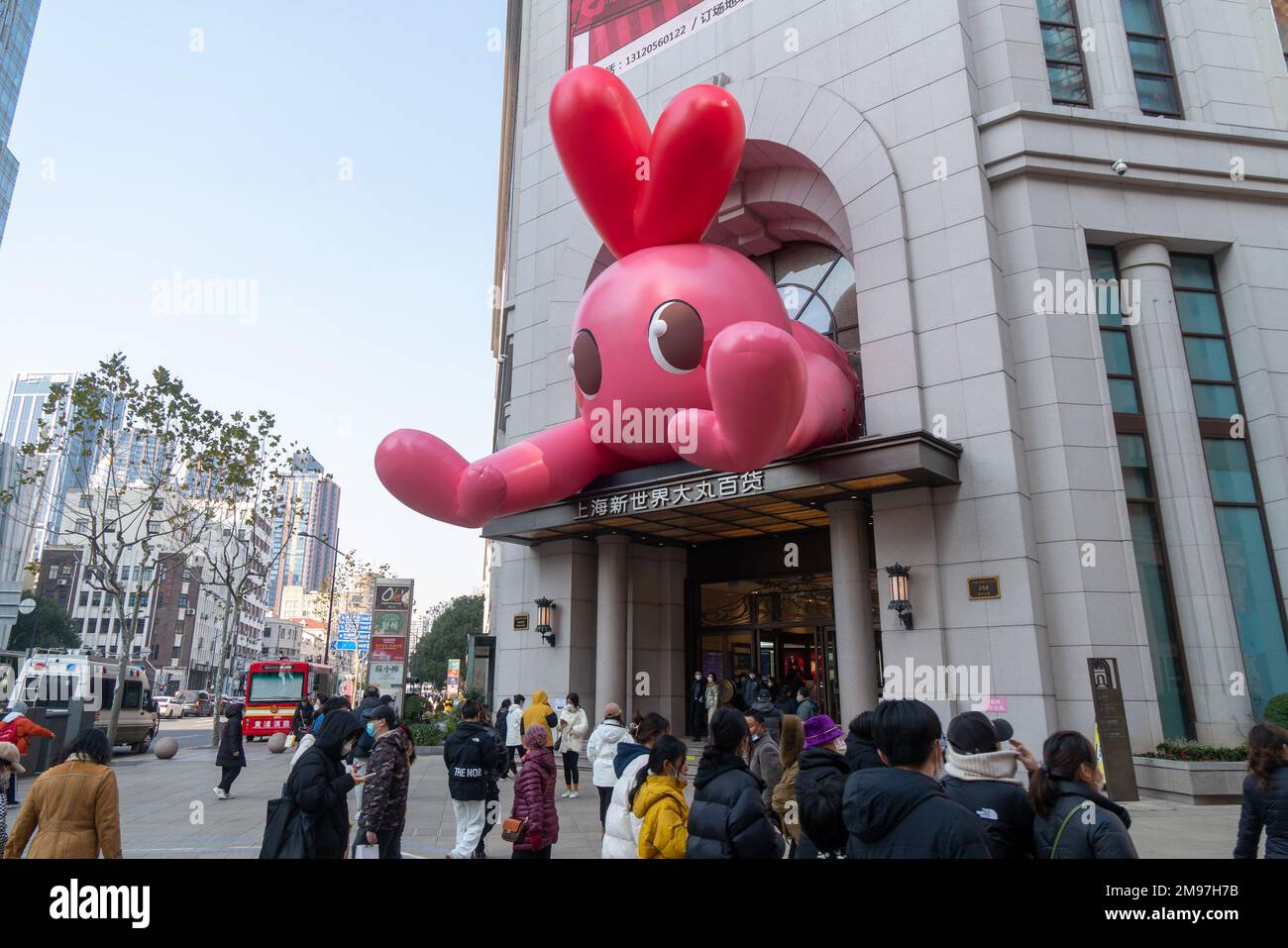 SHANGHAI, CHINA - JANUARY 17, 2023 - A giant pink "rabbit" sticks its ...