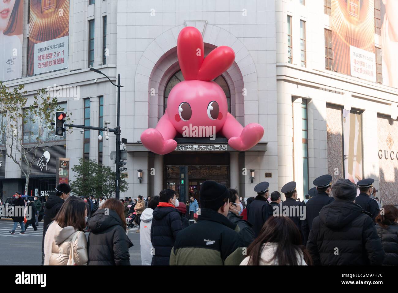SHANGHAI, CHINA - JANUARY 17, 2023 - A giant pink "rabbit" sticks its ...