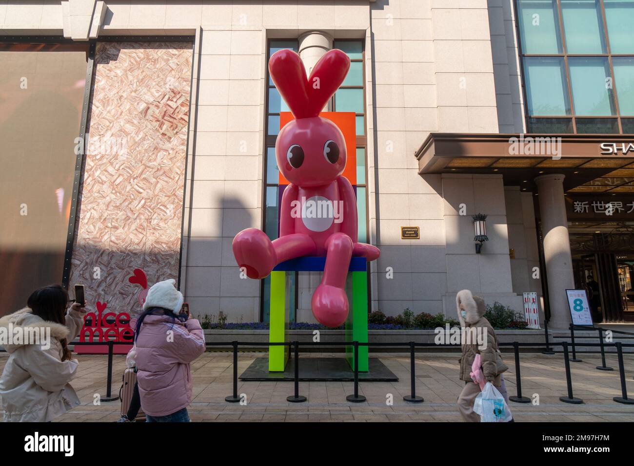 SHANGHAI, CHINA - JANUARY 17, 2023 - A giant pink "rabbit" sticks its ...