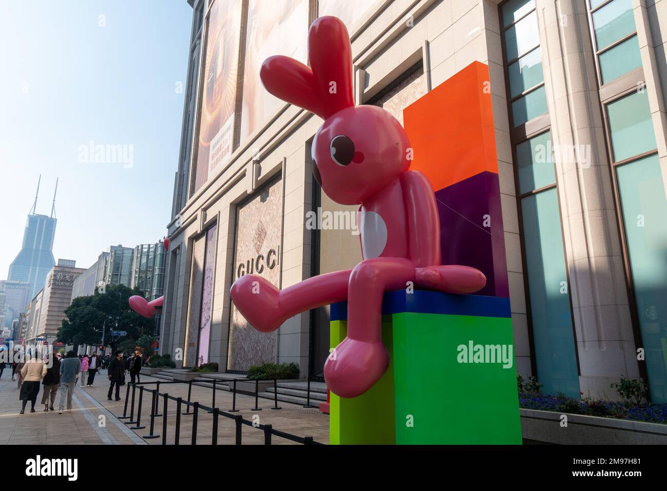 SHANGHAI, CHINA - JANUARY 17, 2023 - A giant pink "rabbit" sticks its ...