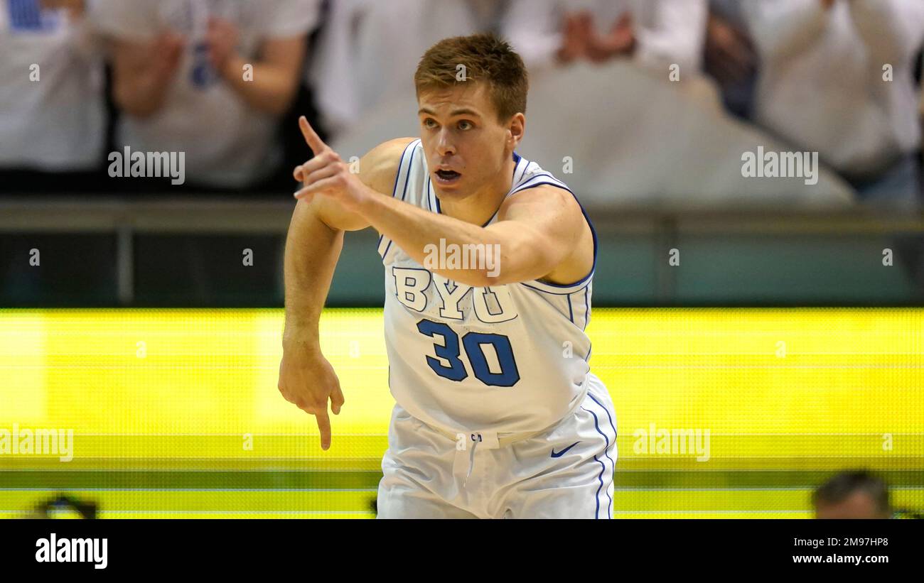 BYU guard Dallin Hall (30) runs up court during the first half of an ...