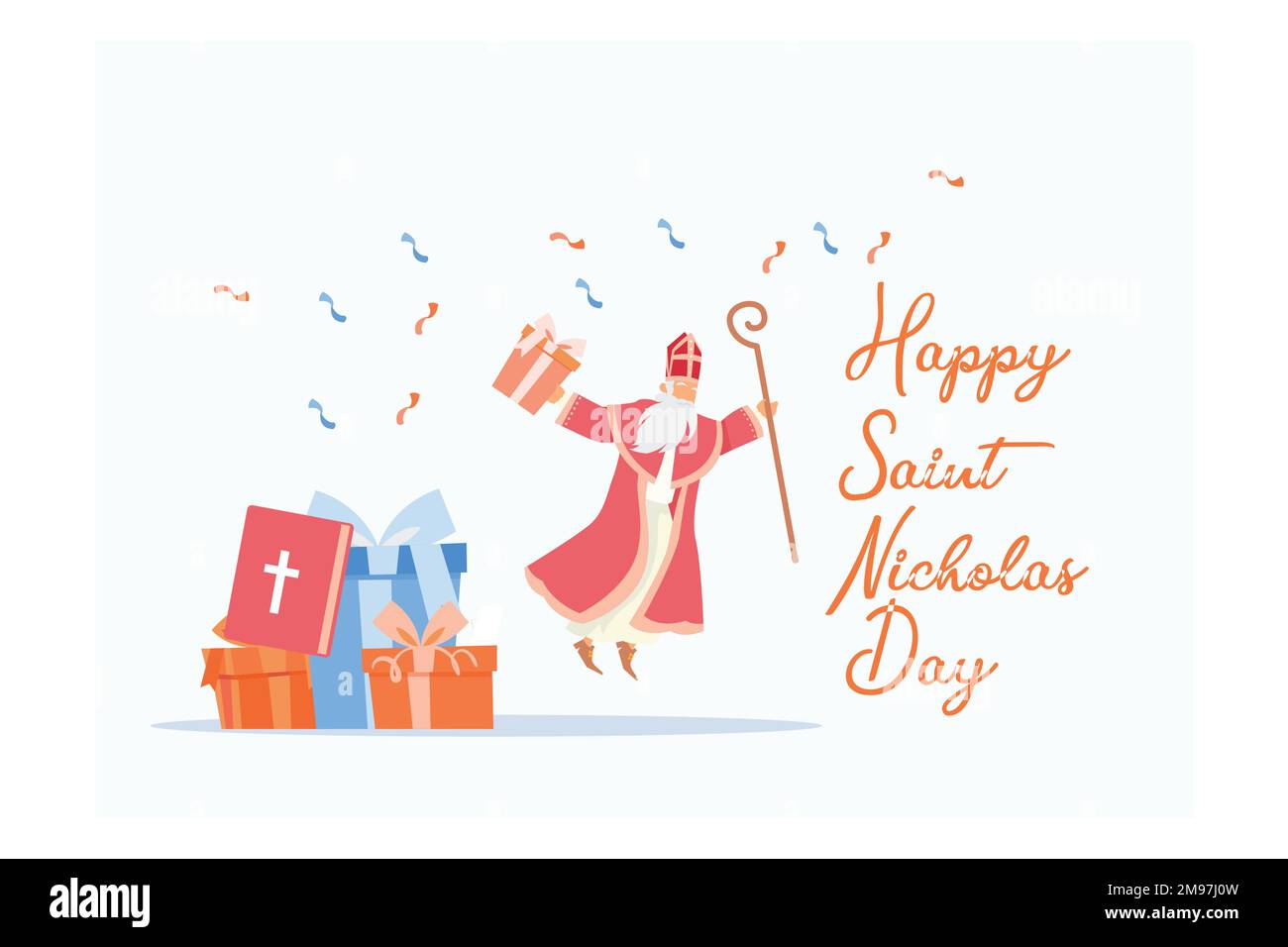 Happy Saint Nicholas day - winter scene greeting card or banner, flat ...