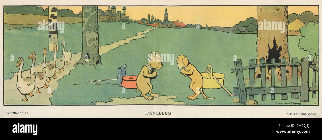 Two dogs stop to pray when they hear the Angelus (evening bells ...