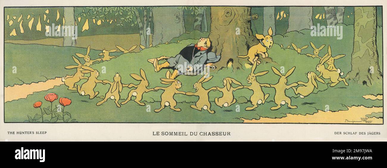 A hunter sleeps while rabbits dance round him in a ring, illustration ...