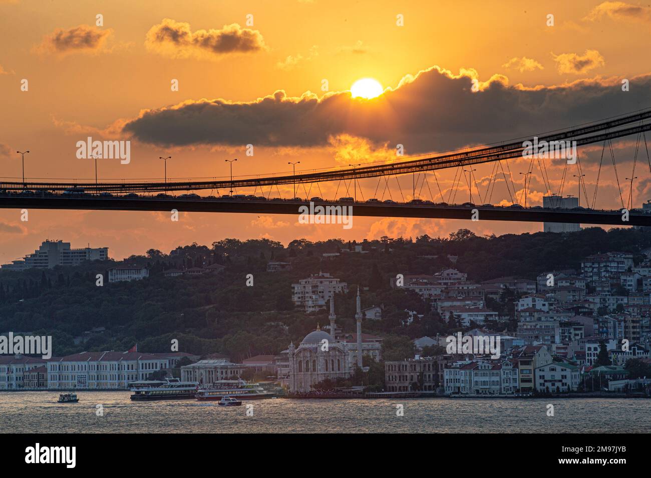 Istanbul Bosphorus Bridge at sunset. 15 July Martyrs Bridge. Sunset ...