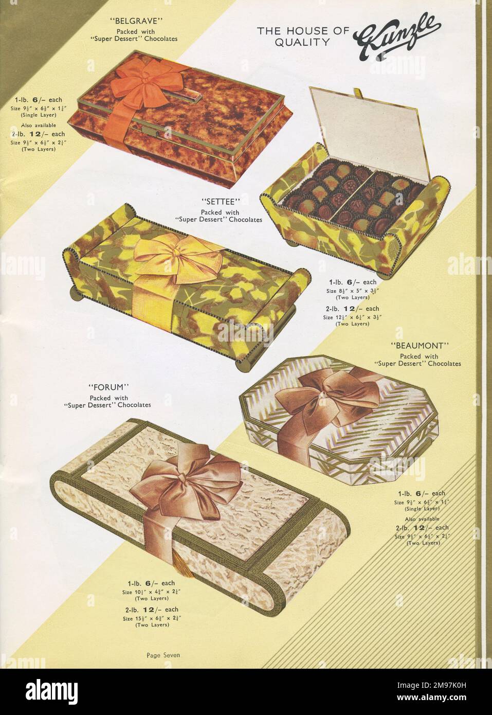 Page from a catalogue, Kunzle Chocolate List, showing four luxury ...